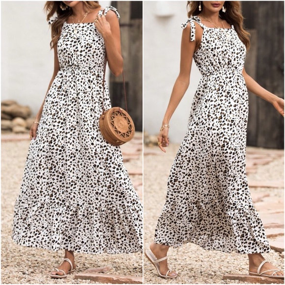 Dresses | Boho White Leopard Print Dot Ruffle Maxi Dress | Poshmark